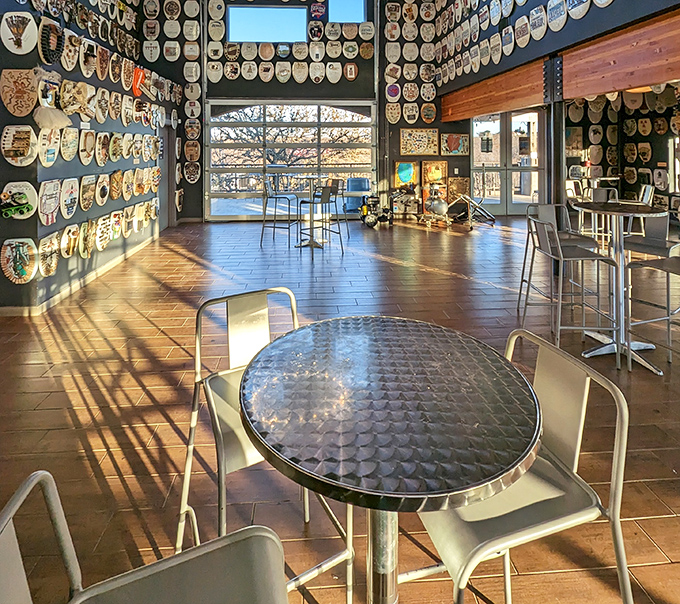 Modern seating areas provide a moment to rest and contemplate the surrounding toilet seat masterpieces. Art appreciation requires comfortable chairs.