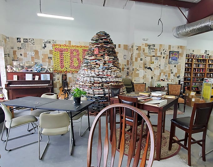 The community table area feels like your eccentric book-loving aunt's living room&mdash;in the absolute best way possible. 