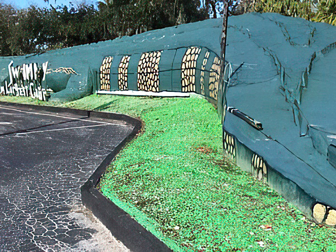 The artistic detailing along Swampy's side shows someone really committed to the bit. Those painted scales have weathered countless Florida summers.