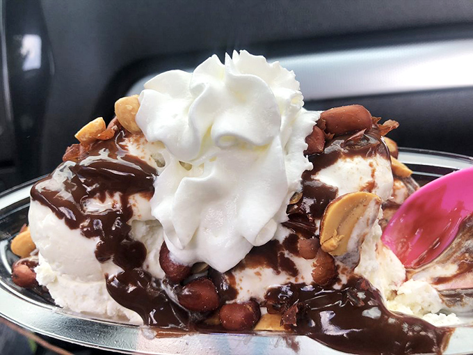 Ice cream alchemy at its finest – vanilla transformed by hot fudge, nuts, and whipped cream into something worth every calorie.
