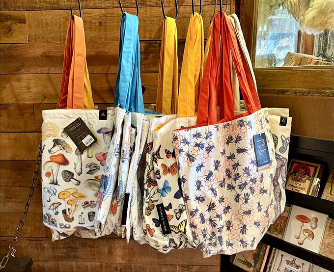 Tote bags that let you wear your curiosity on your shoulder. Mushrooms, insects, and botanical illustrations transform everyday accessories into conversation starters.