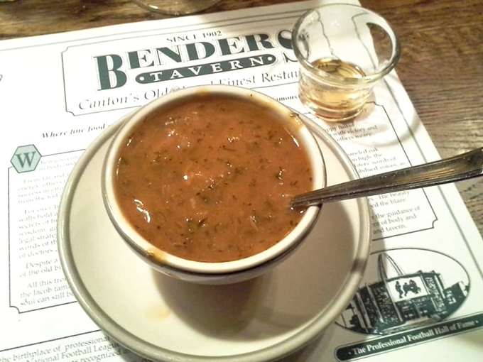 The legendary turtle soup arrives with its sidekick of sherry. One spoonful and you'll understand why people drive across Ohio for this bowl.