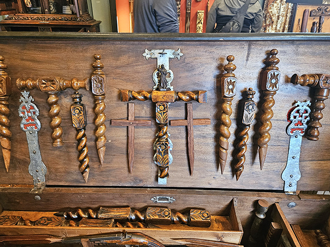 Holy hardware store! These elaborately crafted stakes and crosses show vampire hunting was once considered both deadly serious and worthy of fine craftsmanship.
