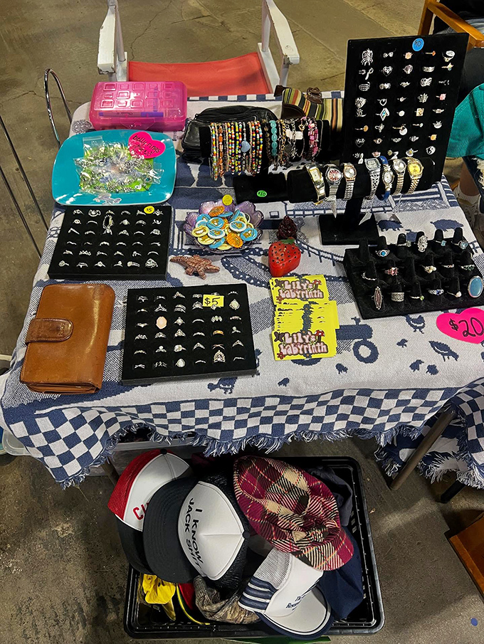 Treasure hunter's paradise! From rings to watches, this display offers more sparkle per square inch than a disco ball factory.