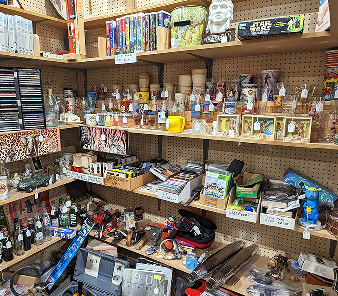 The organized chaos of a vendor's booth&mdash;where Star Wars memorabilia might share shelf space with vintage tools and yesterday's everyday treasures.