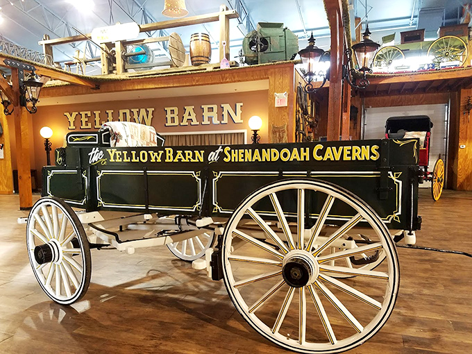 The Yellow Barn houses vintage treasures like this beautifully preserved wagon, a reminder of the valley's agricultural heritage above ground.