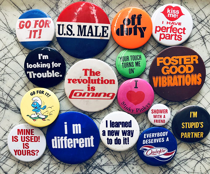 Wearable time capsules in circular form. These vintage buttons speak volumes about bygone eras when personal expression came with a healthy dose of irreverence.