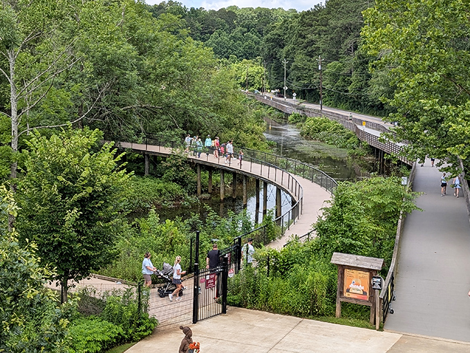Weekend warriors and stroller brigades share the path in peaceful coexistence. Democracy in action on a sunny Georgia afternoon.