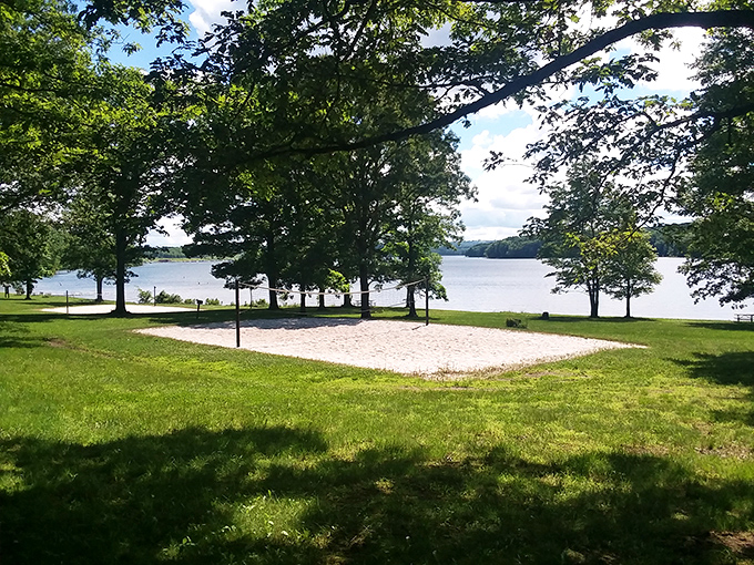 Sand volleyball heaven! This sunny court sits waiting for friendly competition, where winning matters less than the laughter between points.