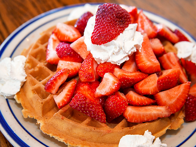 Strawberry waffles that make you question why fruit isn't always served on a golden, crispy grid of deliciousness.