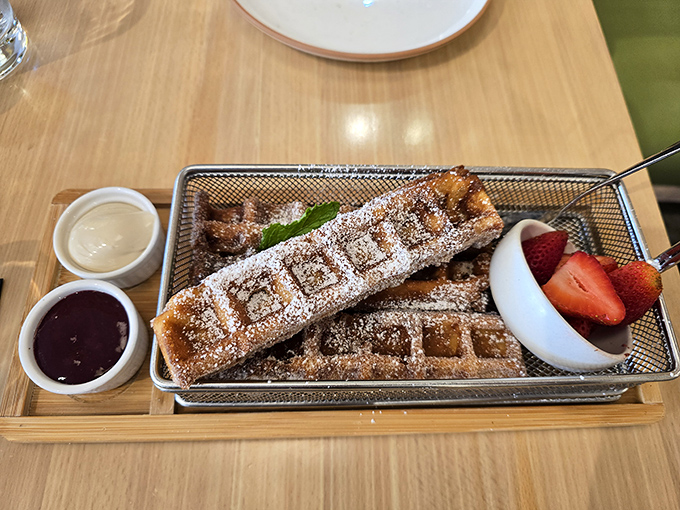 Waffle churros: When breakfast and dessert stop fighting and finally decide to collaborate. The dipping sauces are non-negotiable co-conspirators.