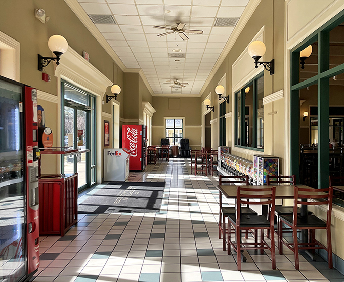 The hallway of anticipation. This pristine corridor isn't just a walkway&mdash;it's the runway between you and your next retail conquest.