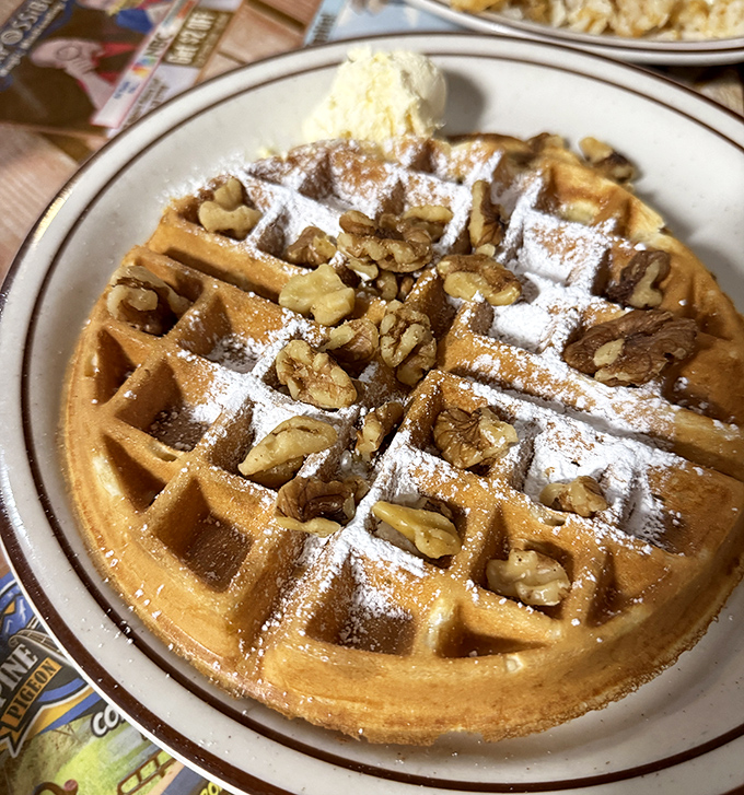 A waffle that doubles as edible architecture&mdash;those perfect squares holding powdered sugar, walnuts, and the promise of a very good morning.
