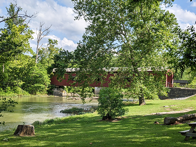Nature frames its human counterpart perfectly, the bridge's vibrant red a striking contrast to the lush greenery surrounding it.