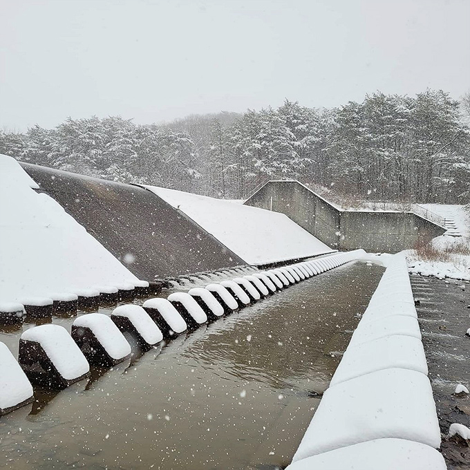 Winter transforms the park into a snow globe you can actually walk through. Even the water control structures become sculptures in white.