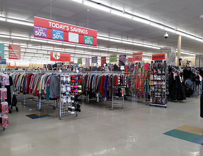 Beneath the "TODAY'S SAVINGS" banner, color-coded tags reveal which treasures are half-off&mdash;a thrifter's equivalent to winning the lottery.