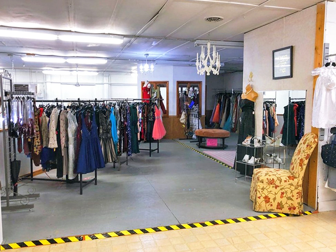 The formal wear section sparkles under chandeliers. Even Cinderella would find her perfect dress without breaking the royal bank.