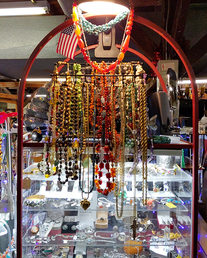 Jewelry display that would make Elizabeth Taylor swoon. Colorful beads and precious metals catching light from every angle.