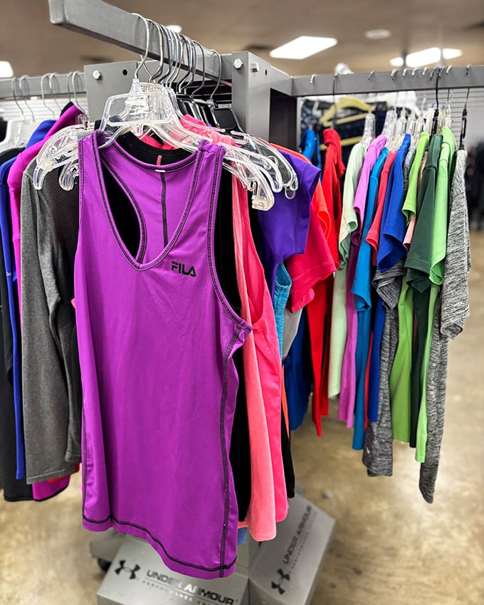 Fitness fashion without the fitness price tag. That purple FILA tank is practically begging for a second chance at the gym.