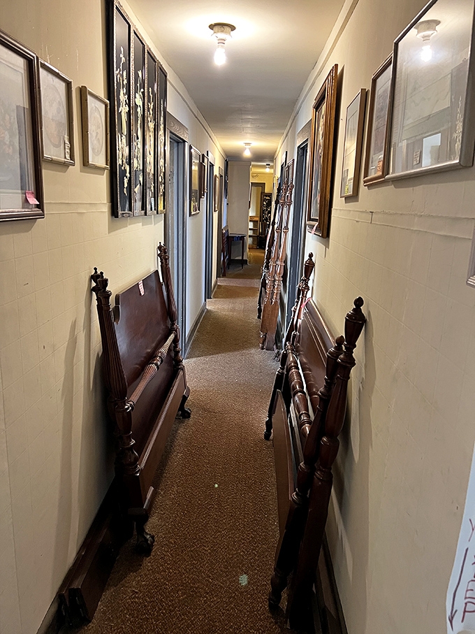 Antique bed frames line this hallway like soldiers standing at attention, each one ready to cradle another generation's dreams.