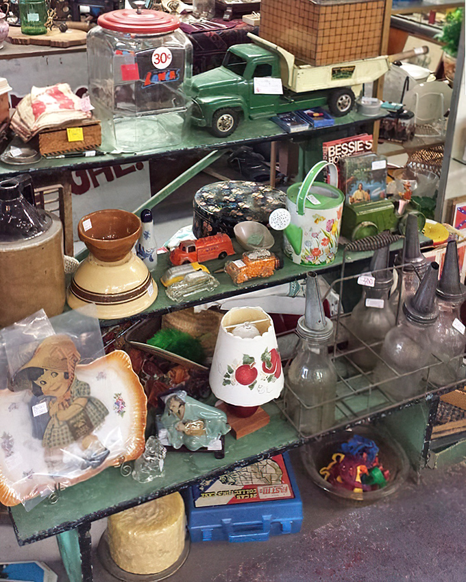 Every shelf tells a different story. That vintage green truck might have been some child's cherished Christmas gift during the Eisenhower administration.