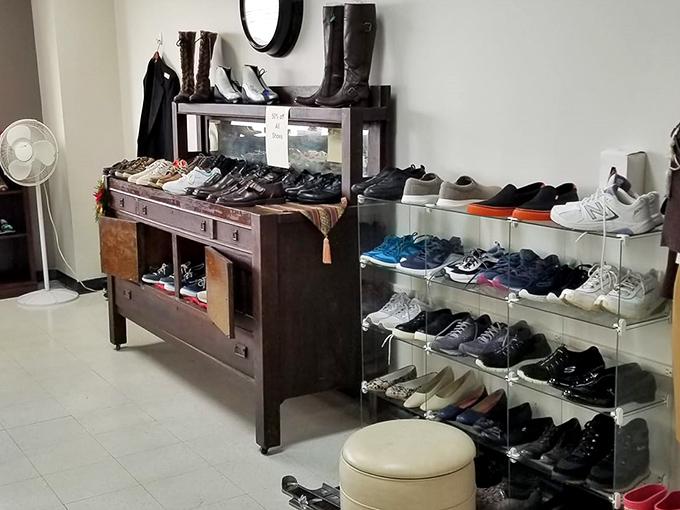 The shoe department: where your next favorite pair waits patiently on vintage furniture, proving good style doesn't need to come with a painful price tag.