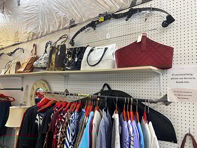 Fashion finds that won't break the bank! Note the helpful sign directing lost souls to Kevin in booth #15—every great flea market has a Kevin.