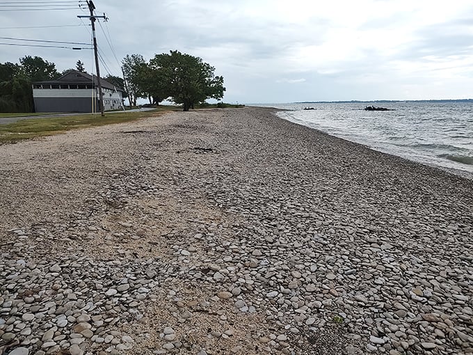 The beach reveals its true character: a perfect blend of smooth stones and sand that's been millions of years in the making.
