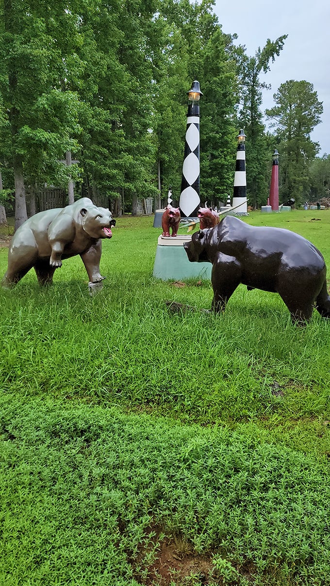 A standoff between bears and lighthouses that Teddy Roosevelt never documented. Nature meets navigation in this quirky corner of Grahamland's menagerie.