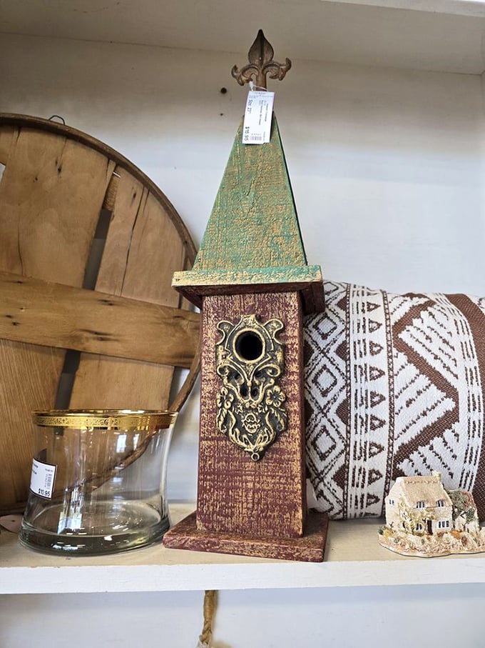 Quirky finds await the patient browser. This decorative birdhouse might be the conversation piece your mantel has been missing.