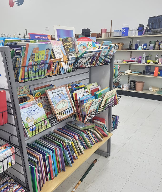 A literary goldmine where children's books stand ready for new bedtime story duty. "Goodnight Moon" costs less than a mocha latte here.