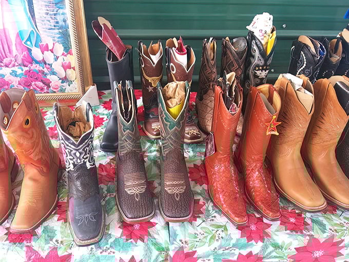 These aren't just boots; they're personality statements waiting for the right feet. The poinsettia tablecloth adds that perfect touch of flea market flair.