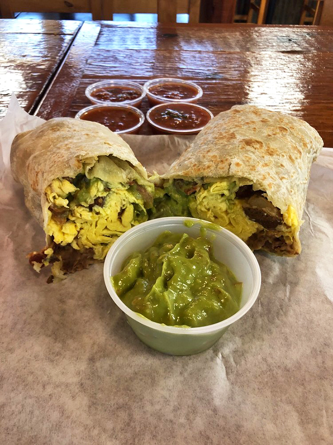 Behold the breakfast burrito in its natural habitat&mdash;cross-sectioned to reveal the perfect egg-to-meat ratio and accompanied by salsa verde that means business.