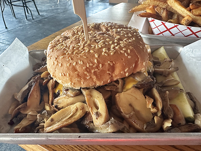 This isn't just a mushroom burger&mdash;it's a structural marvel of fungal engineering that demands respect, a napkin, and possibly a moment of silence.