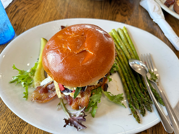 This isn't just a burger; it's a masterclass in American comfort food, with asparagus playing the unexpected supporting role.