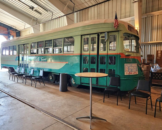 This mint-green beauty with its American flag proudly displayed is ready for passengers. The "Leave a Penny" sign reminds us of simpler times.