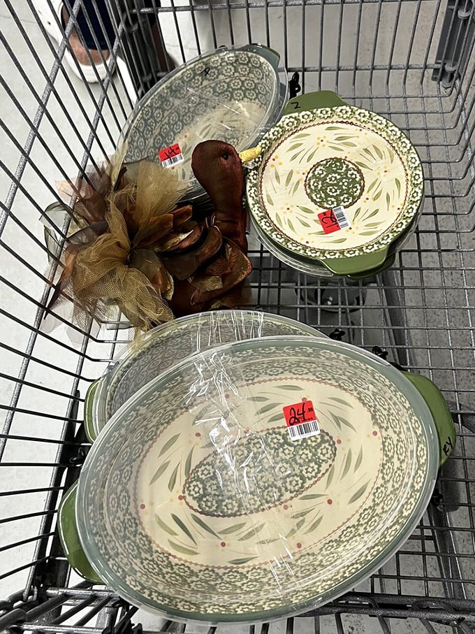 A shopping cart filling with patterned dishes proves someone's grandmother was right &ndash; you can never have too many serving platters.