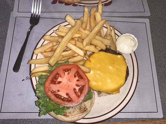 The cheeseburger in its natural habitat—perfectly melted cheese cascading over the patty like a yellow waterfall, with fries that demand to be noticed.