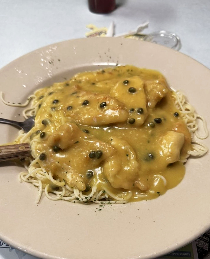 Chicken piccata over pasta shows the diner's dinner chops&mdash;tender chicken swimming in a lemony sauce dotted with capers like tiny flavor grenades.