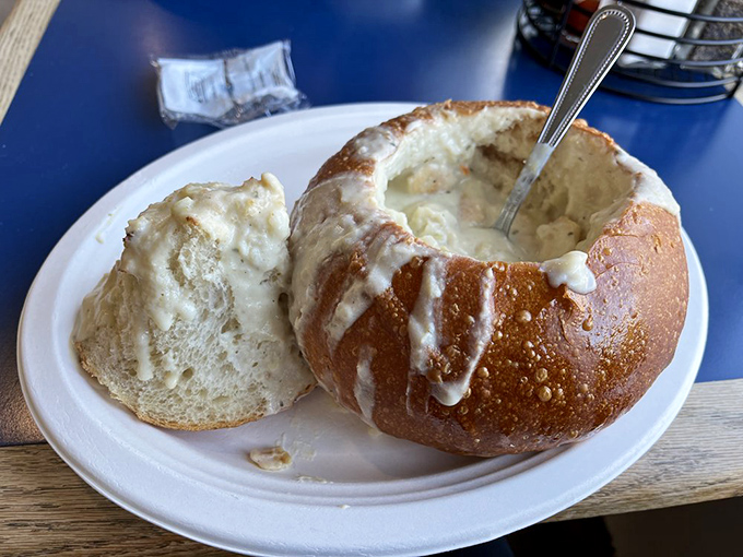 Clam chowder served in its rightful throne&mdash;a sourdough bread bowl. The ultimate California comfort food that makes foggy Monterey days feel like a blessing.