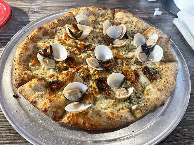 Who knew clams belonged on pizza? This unexpected maritime pie proves that sometimes the best culinary ideas sound strange until that first magnificent bite changes everything.