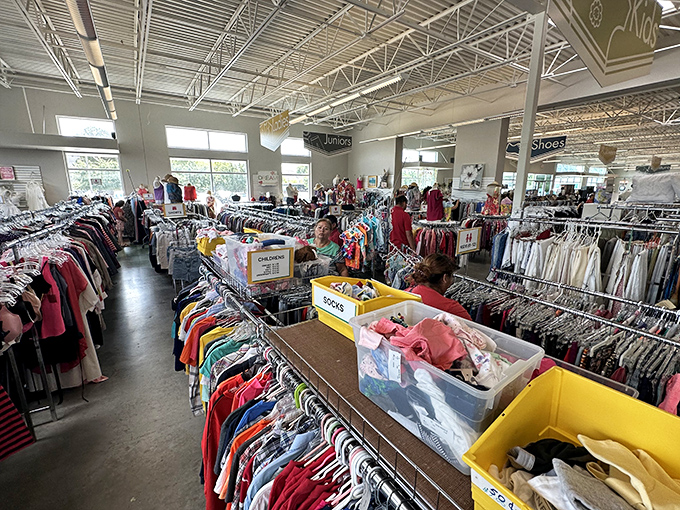 Racks upon racks of carefully sorted clothing create a rainbow of possibilities. The thrill of the hunt is alive and well in MAM's expansive clothing department.