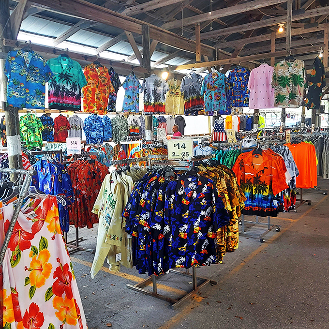 Hawaiian shirts and Florida-friendly attire hang like colorful promises of perpetual vacation vibes and comfortable living.