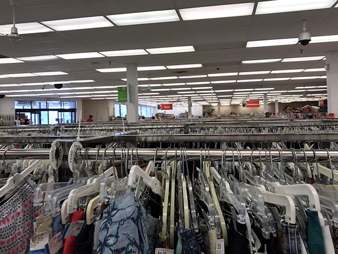 Clothing racks stretch to the horizon like a textile sea. Somewhere in this ocean floats the perfect vintage Hawaiian shirt.