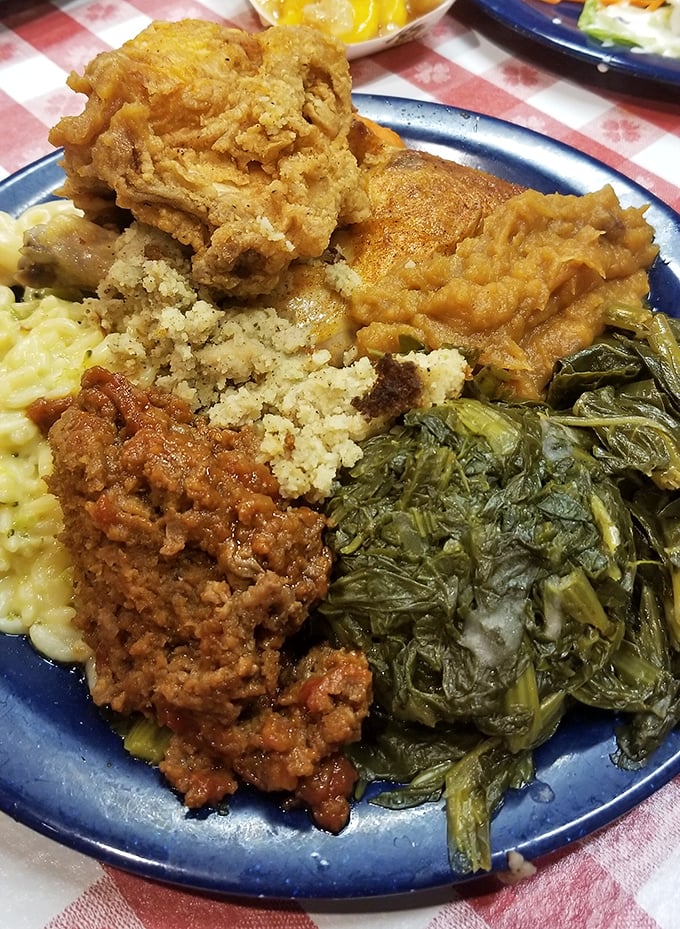 Southern cooking in its glory&mdash;fried chicken, cornbread, collard greens, and enough comfort food to make even the worst day feel fixable. 