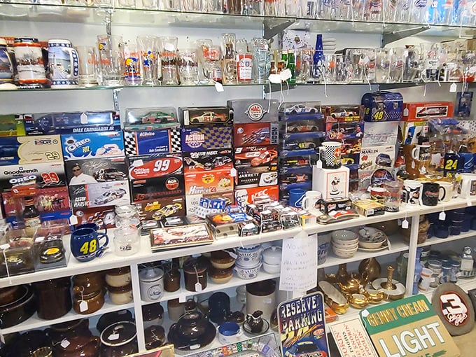 NASCAR memorabilia meets vintage pottery in a delightful collision of American collecting passions spanning multiple generations.