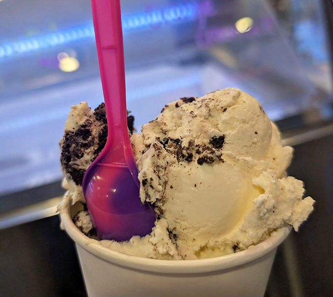 Cookies & Cream reimagined as art. Those aren't factory-made cookie bits&mdash;they're chunks of house-baked goodness swimming in cream that dreams are made of.