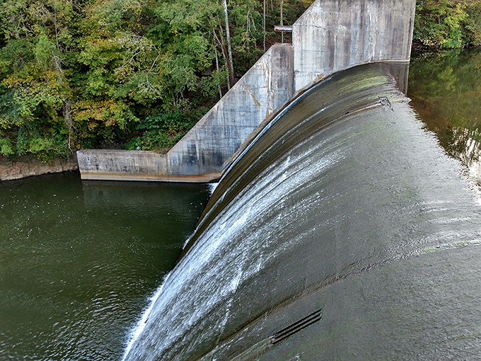 The dam stands as both engineering marvel and accidental art installation, water cascading like nature's own stress relief therapy.
