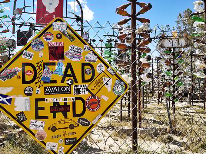 This sticker-bombed "DEAD END" sign might be the most optimistic dead end you'll ever encounter, surrounded by creative rebirth.