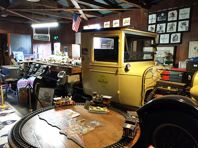 Honey, I think we've found Jay Leno's secret hideaway! Vintage automobiles and collectibles transform this space into a museum of Americana.